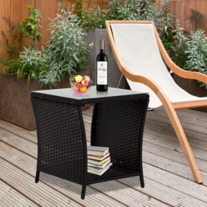 jsun7 outdoor wicker side table - outdoor side tables for patio, square patio bistro table, outdoor end tables with storage and glass top, outdoor furniture for courtyard, balcony, black