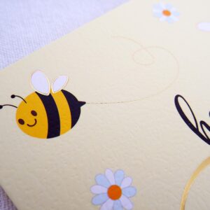 Birthday Card - Single Happy Bee Day Birthday Greeting Card For Bee Themed Party - Gold Foil Bees and Lettering on Yellow Textured Paper with Kraft Envelope - 5" x 7" - Blank Inside