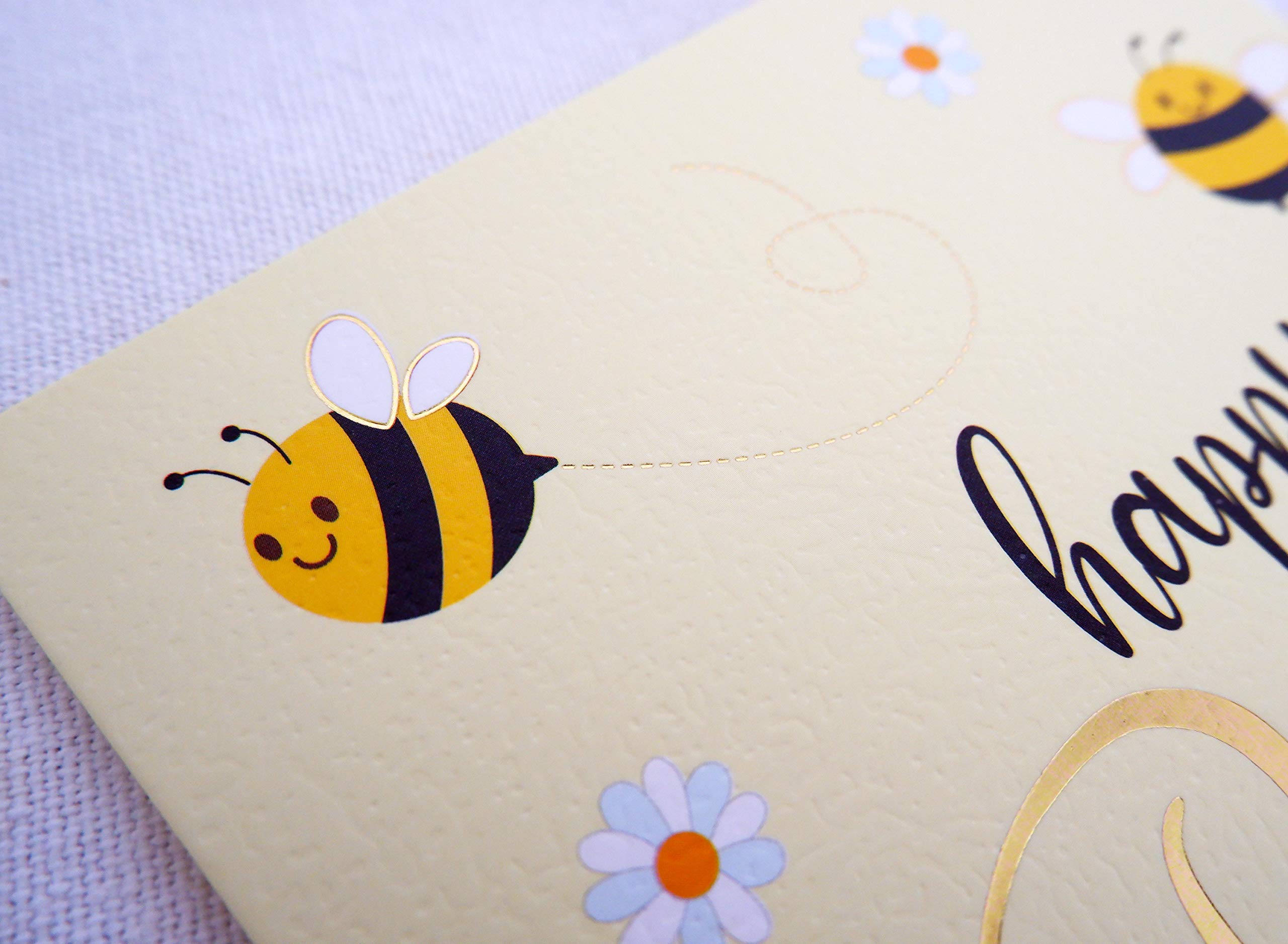 Birthday Card - Single Happy Bee Day Birthday Greeting Card For Bee Themed Party - Gold Foil Bees and Lettering on Yellow Textured Paper with Kraft Envelope - 5" x 7" - Blank Inside