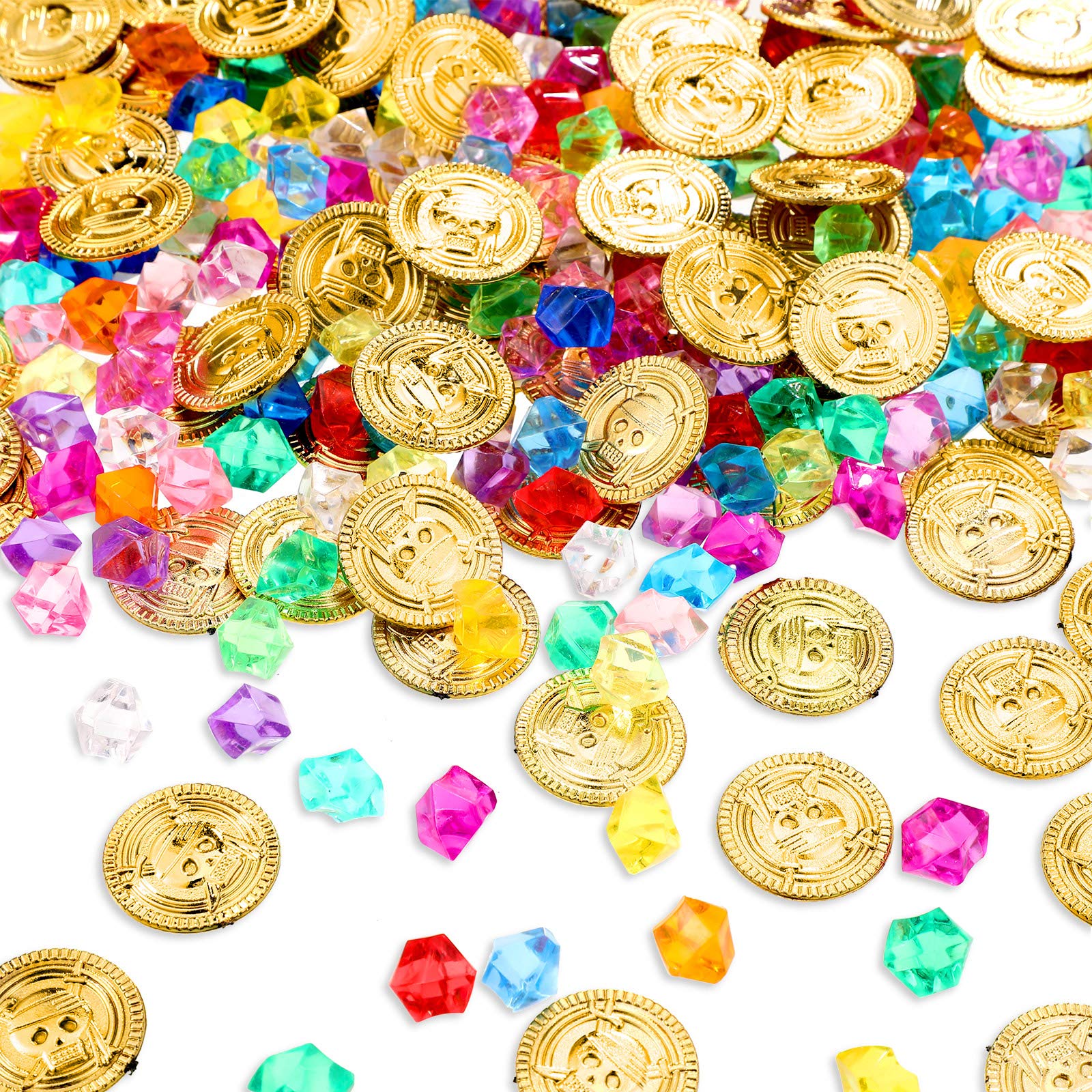 Pirate Treasure 100 Pieces Gold Coins and 100 Pieces Gem Jewelry Treasure Fake Gold Coins Toys for Pirate Party Decorations Halloween Adventure Themed Event Party Supplies