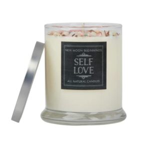 Self Love Candle by New Moon Beginnings - Negative Energy Cleansing - Handmade Aromatherapy Soy Candle - Dried Flower, Herb, & Crystal Candle - 12oz Glass Jar