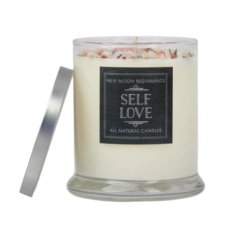 Self Love Candle by New Moon Beginnings - Negative Energy Cleansing - Handmade Aromatherapy Soy Candle - Dried Flower, Herb, & Crystal Candle - 12oz Glass Jar