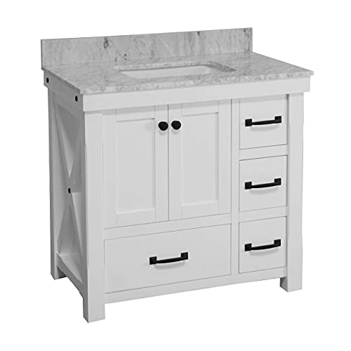 Tuscany 36-inch Bathroom Vanity (Carrara/White): Includes White Cabinet with Authentic Italian Carrara Marble Countertop and White Ceramic Sink