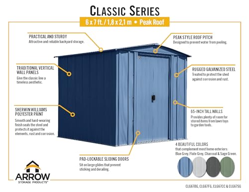 Arrow Classic Steel Storage Shed, 6x7, Flute Grey