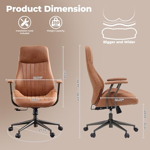 ovios Office Chair, Mid Century Modern Chair with Lumbar Support, Ergonomic High Back Suede Leather Executive Chair with Swivel Rolling Wheels, Brown