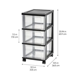 IRIS USA Plastic 3-Drawer Storage Organizer Rolling Cart, with Wheels Casters, 2-Pack, for Classroom Art Supplies Dresser Closet Bathroom Dorm Bedroom Laundry Room, Slim Narrow, Black/Clear