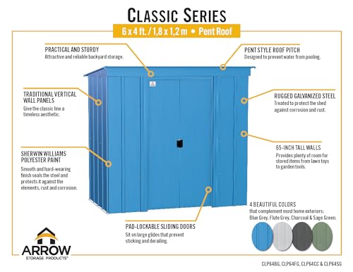 Arrow Classic Steel Storage Shed, 6x4, Charcoal