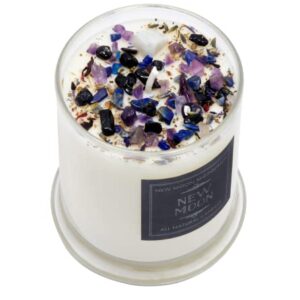 New Moon Candle by New Moon Beginnings - New Beginnings & Manifestation Candle - Dried Flower, Herb, & Crystal Candles - Aromatherapy Candles - Soy Candle - 12oz Glass Jar