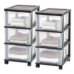 iris usa plastic 3-drawer storage organizer rolling cart, with wheels casters, 2-pack, for classroom art supplies dresser closet bathroom dorm bedroom laundry room, slim narrow, black/clear