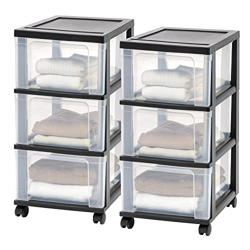 IRIS USA Plastic 3-Drawer Storage Organizer Rolling Cart, with Wheels Casters, 2-Pack, for Classroom Art Supplies Dresser Closet Bathroom Dorm Bedroom Laundry Room, Slim Narrow, Black/Clear