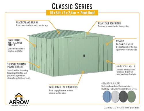 Arrow Classic Steel Storage Shed, 10x8, Flute Grey