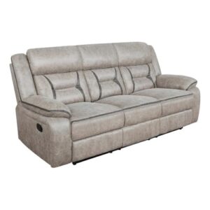 coaster greer upholstered motion reclining sofa, taupe