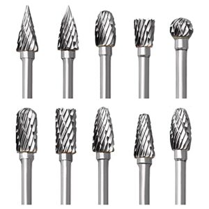 tungsten carbide rotary burr set for dremel, 10pcs carbide double cut carving burr bits with 1/8” shank rotary tool accessories for woodworking, engraving, drilling, steel metal working