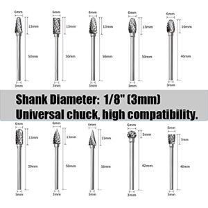 Tungsten Carbide Rotary Burr Set for Dremel, 10PCS Carbide Double Cut Carving Burr Bits with 1/8” Shank Rotary Tool Accessories for Woodworking, Engraving, Drilling, Steel Metal Working