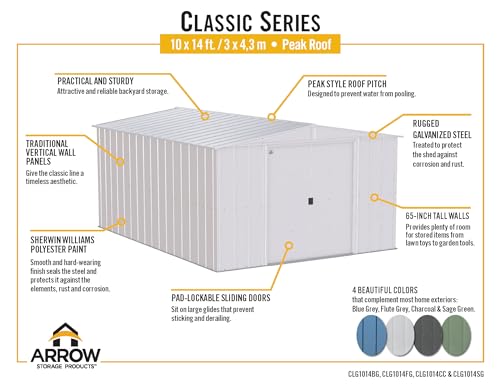 Arrow Classic Steel Storage Shed, 10x14, Blue Grey