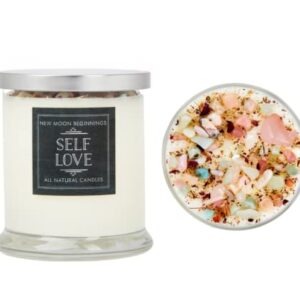 Self Love Candle by New Moon Beginnings - Negative Energy Cleansing - Handmade Aromatherapy Soy Candle - Dried Flower, Herb, & Crystal Candle - 12oz Glass Jar