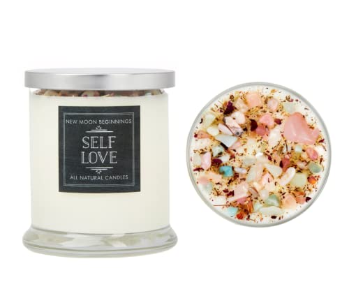 Self Love Candle by New Moon Beginnings - Negative Energy Cleansing - Handmade Aromatherapy Soy Candle - Dried Flower, Herb, & Crystal Candle - 12oz Glass Jar