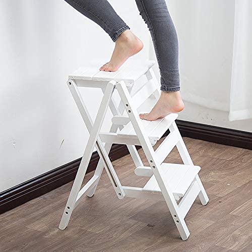 KINGBO Step Stool for Adults/Step Ladder/Counter Chair, 3-Step Folding Portable Wooden Step Stool, Anti-Slip & Lightweight (Black)