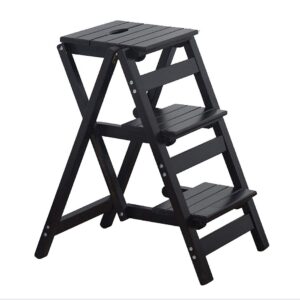 kingbo step stool for adults/step ladder/counter chair, 3-step folding portable wooden step stool, anti-slip & lightweight (black)