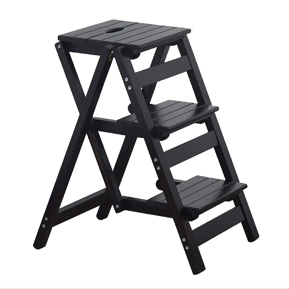 KINGBO Step Stool for Adults/Step Ladder/Counter Chair, 3-Step Folding Portable Wooden Step Stool, Anti-Slip & Lightweight (Black)