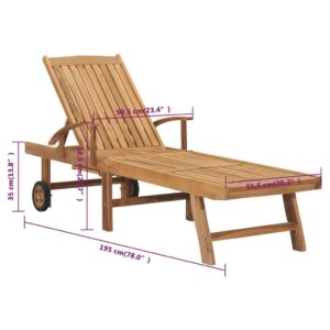 vidaXL Sun Lounger in Solid Teak Wood with Adjustable Backrest, and Wheels for Easy Mobility, Fine Sanded, Weather-Resistant