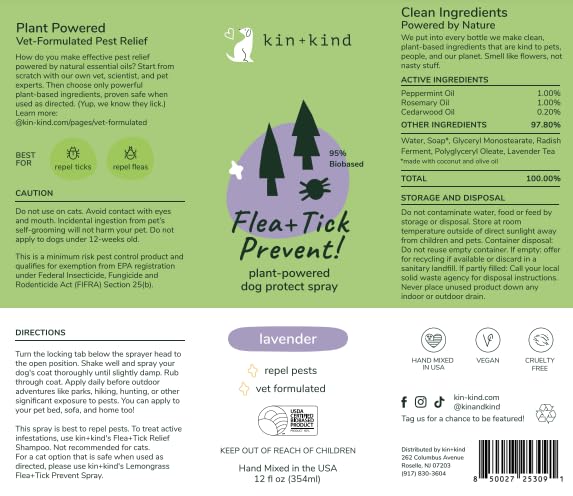 kin+kind | Plant-Based Flea and Tick Spray for Dogs (12 fl oz) | Lavender