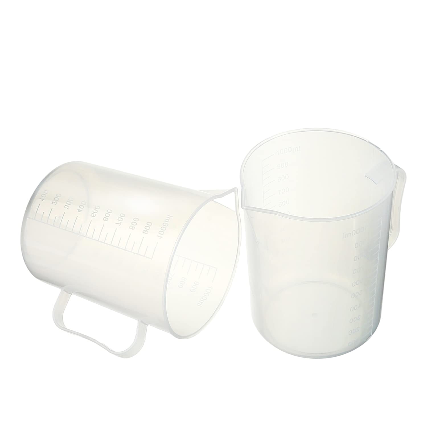 Bettomshin 2Pcs 1000ml Metric Plastic Beaker with Handle, Lab Beakers Multipurpose Mixing Cups Measuring Cup Transparent for Lab Kitchen Liquids