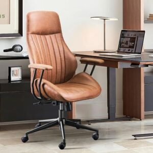 ovios Office Chair, Mid Century Modern Chair with Lumbar Support, Ergonomic High Back Suede Leather Executive Chair with Swivel Rolling Wheels, Brown