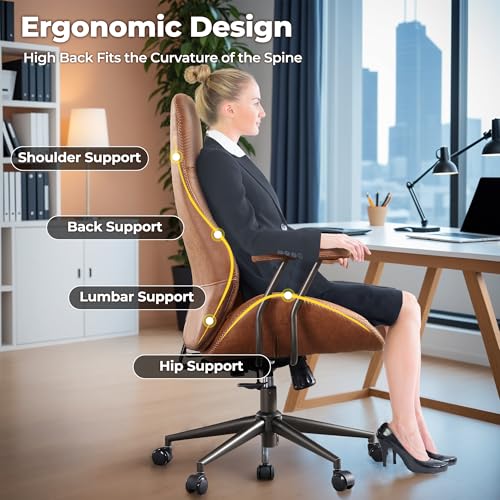 ovios Office Chair, Mid Century Modern Chair with Lumbar Support, Ergonomic High Back Suede Leather Executive Chair with Swivel Rolling Wheels, Brown