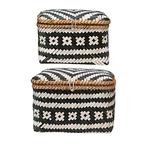 Creative Co-Op Hand-Woven Bamboo Boxes with Lids & Closures, Black & White, Set of 2 Container, 2