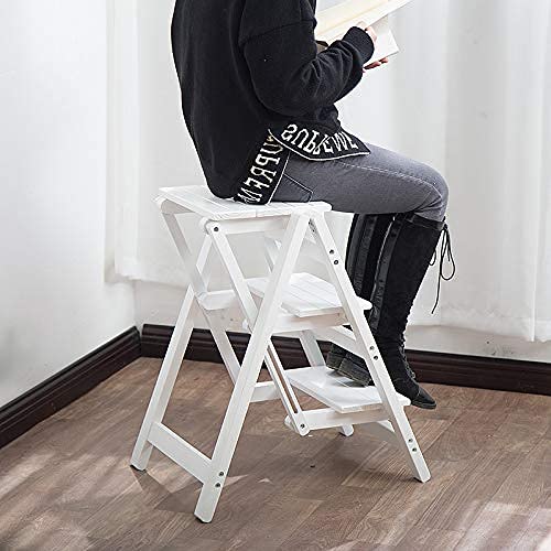 KINGBO Step Stool for Adults/Step Ladder/Counter Chair, 3-Step Folding Portable Wooden Step Stool, Anti-Slip & Lightweight (Black)