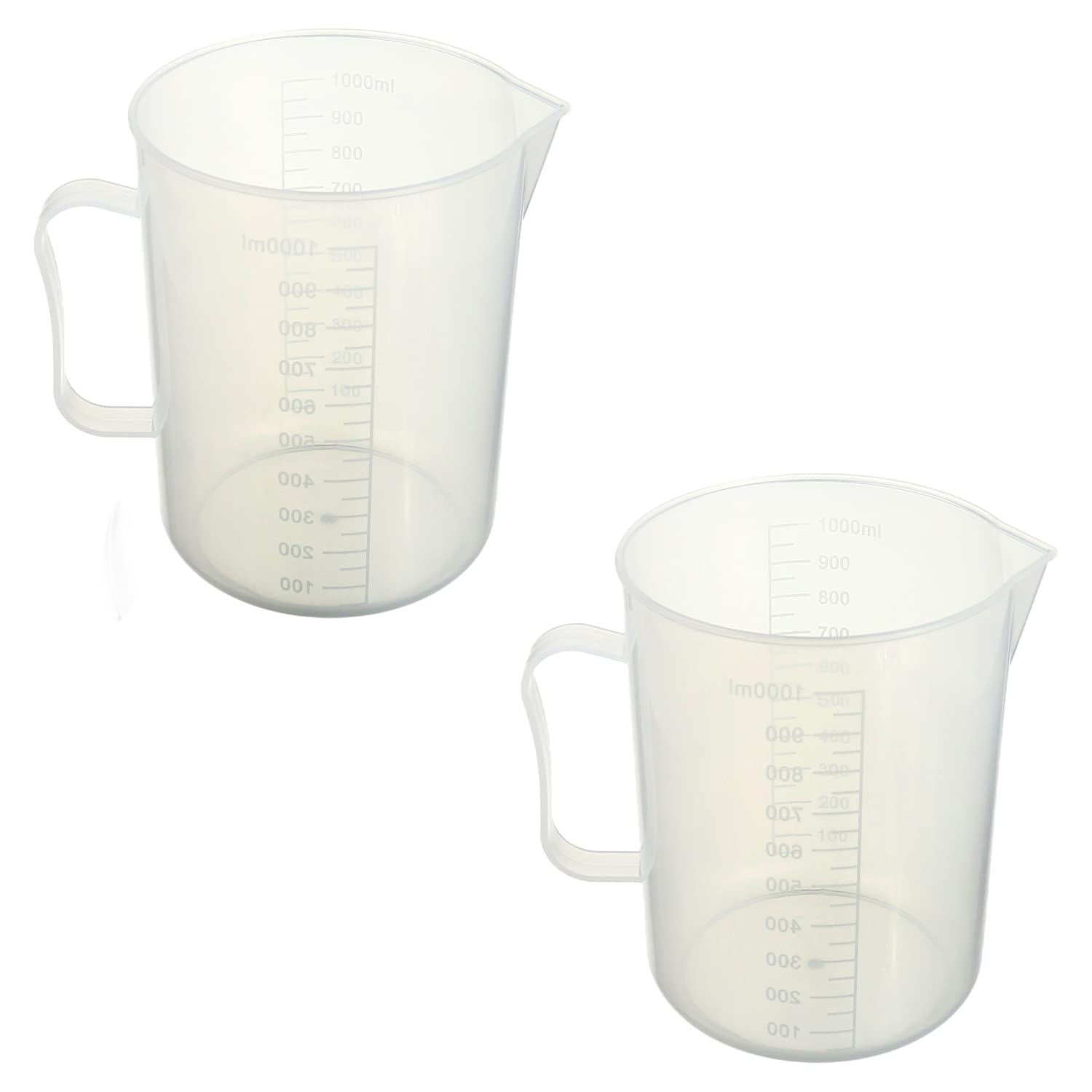 Bettomshin 2Pcs 1000ml Metric Plastic Beaker with Handle, Lab Beakers Multipurpose Mixing Cups Measuring Cup Transparent for Lab Kitchen Liquids