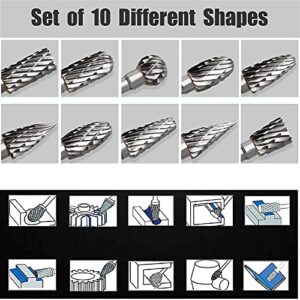 Tungsten Carbide Rotary Burr Set for Dremel, 10PCS Carbide Double Cut Carving Burr Bits with 1/8” Shank Rotary Tool Accessories for Woodworking, Engraving, Drilling, Steel Metal Working