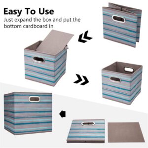 HSDT 13 inch Collapsible Storage Cubes Bins Teal Stripes Fabric Storage Boxes Foldable Cube Inserts Storage Grey Printed Folding Cloth Storage Baskets Drawer Organizer ,QY-SC05-6