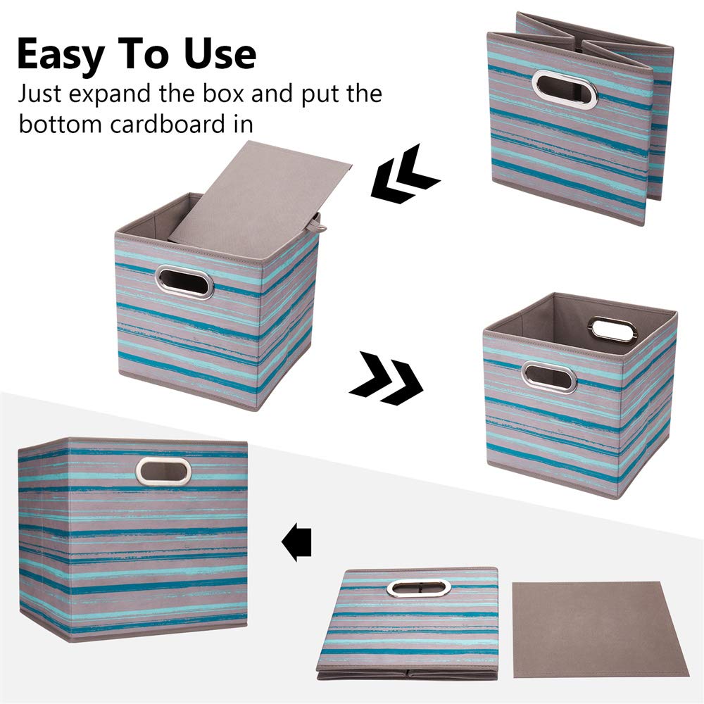 HSDT 13 inch Collapsible Storage Cubes Bins Teal Stripes Fabric Storage Boxes Foldable Cube Inserts Storage Grey Printed Folding Cloth Storage Baskets Drawer Organizer ,QY-SC05-6