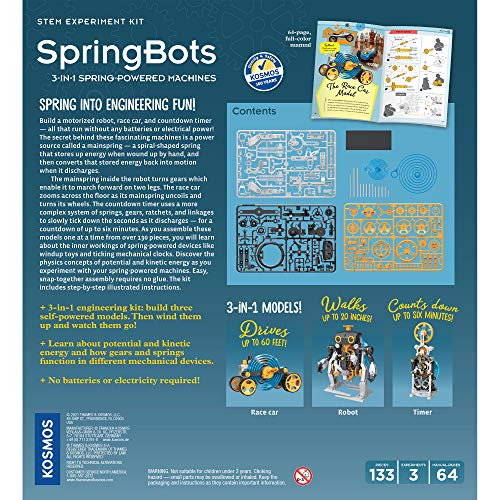 Thames & Kosmos SpringBots STEM Kit | Build 3 Spring-Powered| Race car, Walking Robot, Countdown Timer Powered by a Mainspring | Learn About Potential & Kinetic Energy, Gears & Springs, Black , 10 x 2.5 x 11 inches