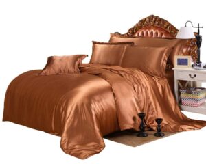 versatile bedding queen taupe washed soft silky satin, 4-piece bed sheet set (1 zipper closure duvet cover, 1 fitted sheet 21" deep and 2 pillowcase) duvet set - 4 pcs duvet cover set