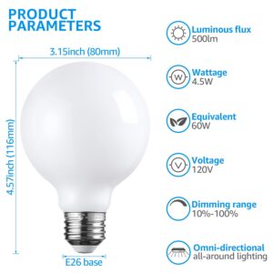 TORCHSTAR G25 Globe Light Bulbs LED Dimmable, Round Frosted Vanity Light Bulb for Bathroom, LED Edison Bulb, 4.5W(60W Eqv.), UL & Energy Star Listed, 500lm, E26 Base, 2700K Soft White, Pack of 6