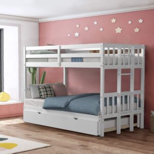 Giantex Twin Over Pull-Out Bunk Bed with Trundle, Extendable Twin/Full/Queen/King Bunk Bed, Solid Wood Bunk Bed with Ladder and Safety Rail, Wooden Bunk Beds for Kids Adults Teens, White