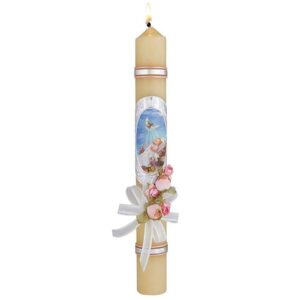 needzo catholic baptism candle for girls, pillar candles with ribbon, faux flowers, and image of infant, baptismal gift, 11.25 inches tall