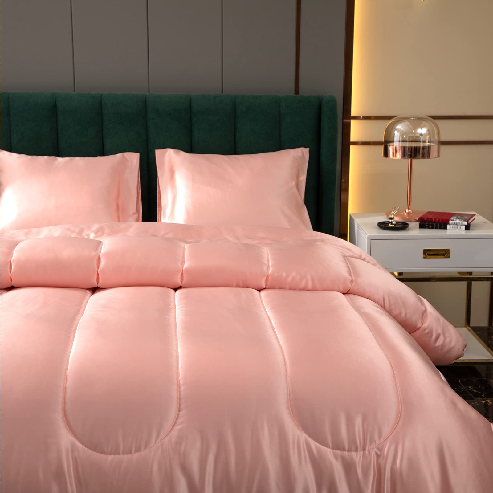 Satin Comforter Set King Size Silk Like Pink Comforter Silky Polyester Filling Bed Comforters Luxury Hotel Satin Pink Girls Bed Comforter 1 Comfrter 2 Pillowcase (King, Pink)