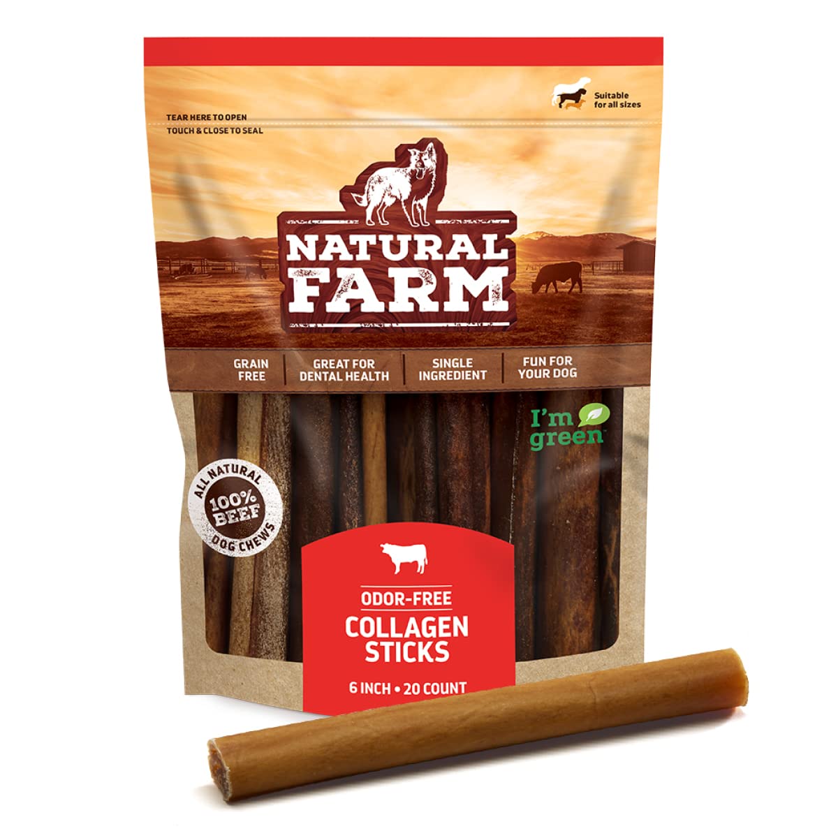 Natural Farm Collagen Sticks (6 Inch, 20 Pack). Odor-Free, 95% Natural Collagen Dog Chews, Supports Healthy Joints, Skin & Coat - Best Rawhide Alternative for Small & Medium Dogs