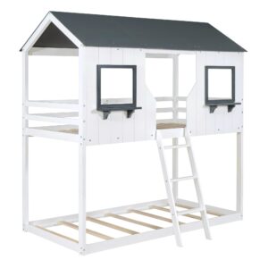 House Bunk Bed Twin Over Twin Kids Bunk Bed Wood Frame with Roof, Window, Safety Guardrails and Ladder, for Girls Boys- White