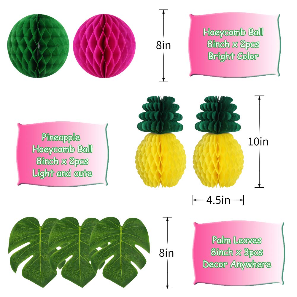 zilue Hawaiian Party Decorations, Tropical Birthday Party Supplies Flamingo and Palm Leaves Banner Tissue Paper Fan Pineapple Honeycomb Ball for Summer Luau Bachelorette Party