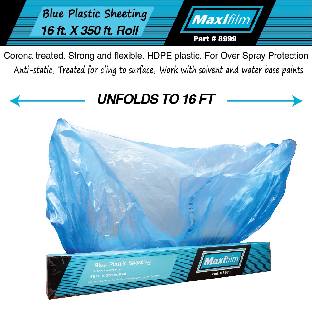 MAXIFILM 16ft x 350ft Roll of Blue Overspray Paintable Masking Plastic Sheeting -8 Micron, 0.3 Mil, Protective Masking Film Cover, Auto Painting, Cover Cloth Home Walls Furniture (1, 16ft x 350ft)