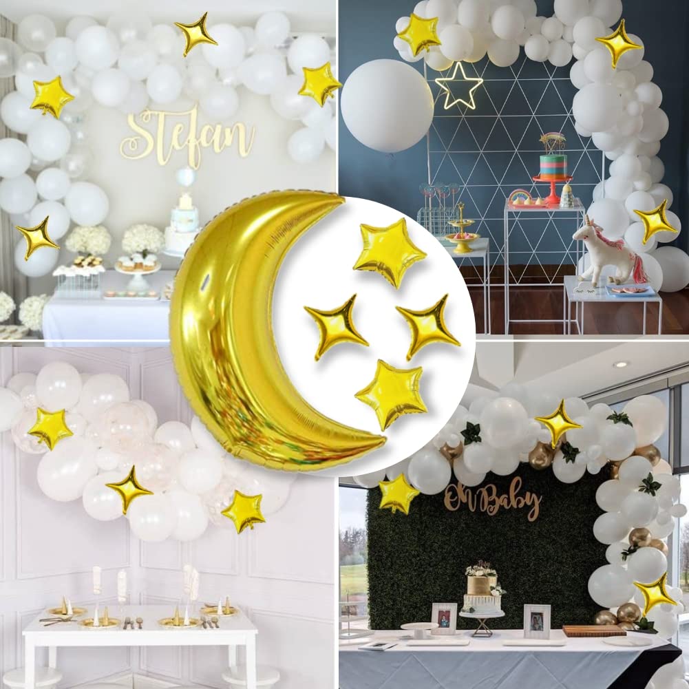 White Balloon Garland Kit - 131pcs White Balloons with Moon and Star Balloons, Perfect for twinkle twinkle little star baby shower decorations & White and Gold Party Decorations