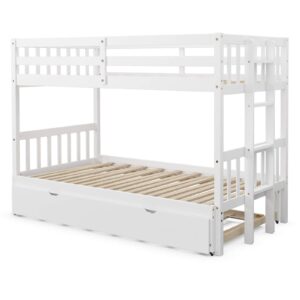 Giantex Twin Over Pull-Out Bunk Bed with Trundle, Extendable Twin/Full/Queen/King Bunk Bed, Solid Wood Bunk Bed with Ladder and Safety Rail, Wooden Bunk Beds for Kids Adults Teens, White