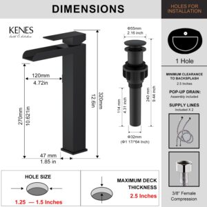 KENES Tall Bathroom Vessel Sink Faucet, Matte Black Tall Waterfall Bathroom Faucet, Single Handle Waterfall Bathroom Faucet Lavatory Vanity Faucet with Pop Up Drain & Water Supply Hoses LJ-9035A-2