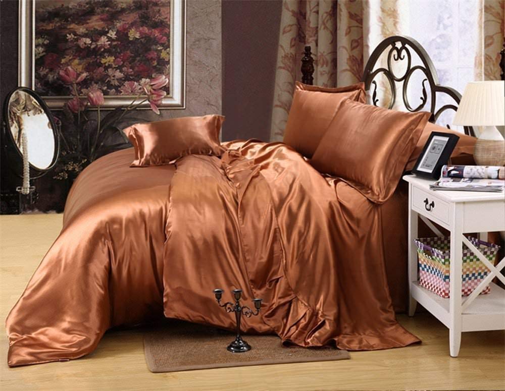 Versatile Bedding Queen Taupe Washed Soft Silky Satin, 4-Piece Bed Sheet Set (1 Zipper Closure Duvet Cover, 1 Fitted Sheet 21" Deep and 2 Pillowcase) Duvet Set - 4 PCs Duvet Cover Set