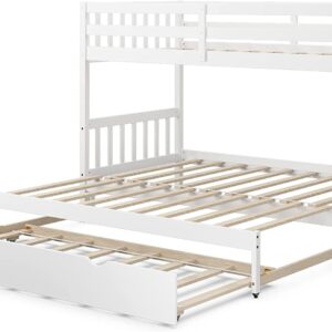 Giantex Twin Over Pull-Out Bunk Bed with Trundle, Extendable Twin/Full/Queen/King Bunk Bed, Solid Wood Bunk Bed with Ladder and Safety Rail, Wooden Bunk Beds for Kids Adults Teens, White